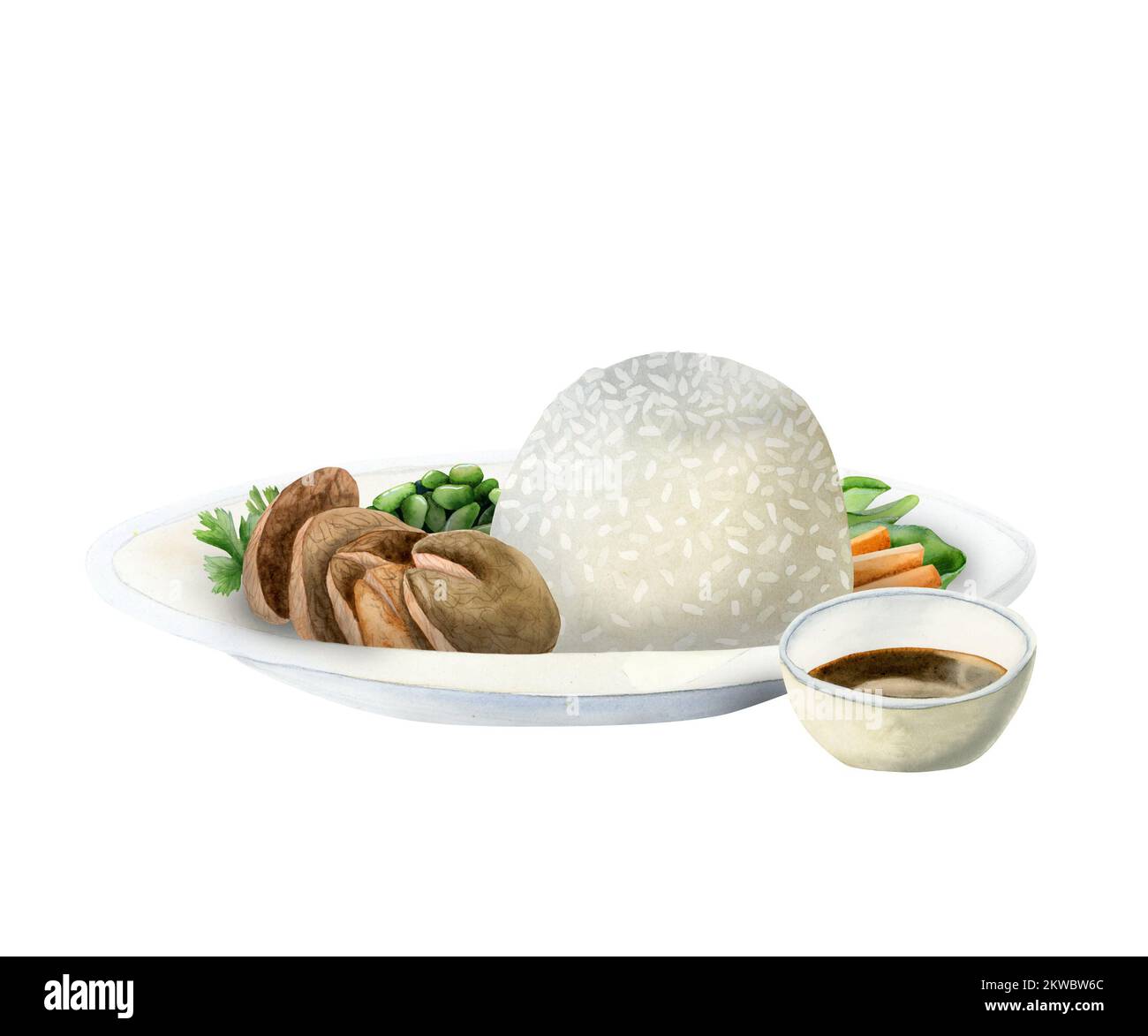 Watercolor illustration of rice, pork and vegetables with sauce on ...