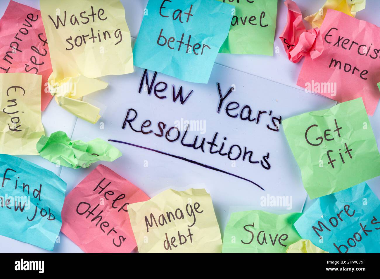 New year goals or resolutions on bright colorful paper stickers. New ...