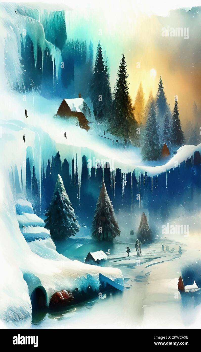 Watercolor Painting Landscape Winter