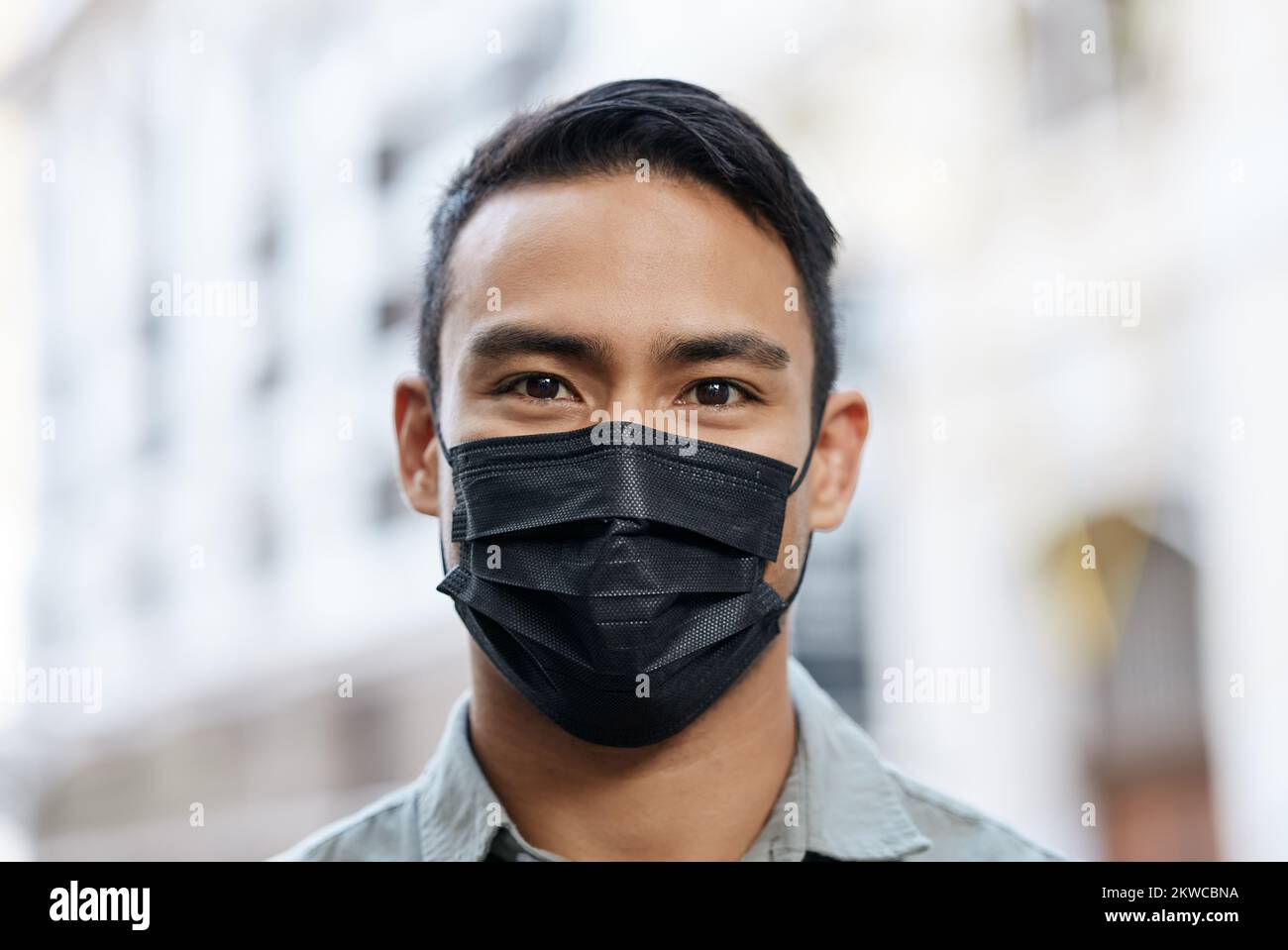 Face mask, man or covid compliance portrait and motivation vision to ...