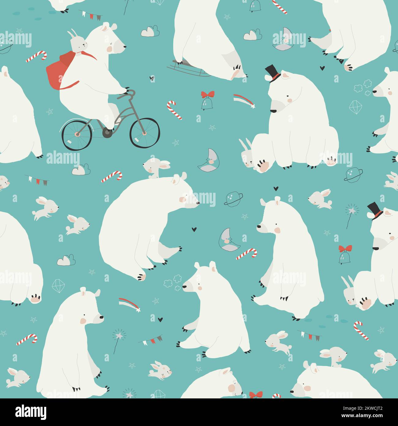 Seamless Pattern with Cute Polar Bears and Rabbits enjoying Winter ...
