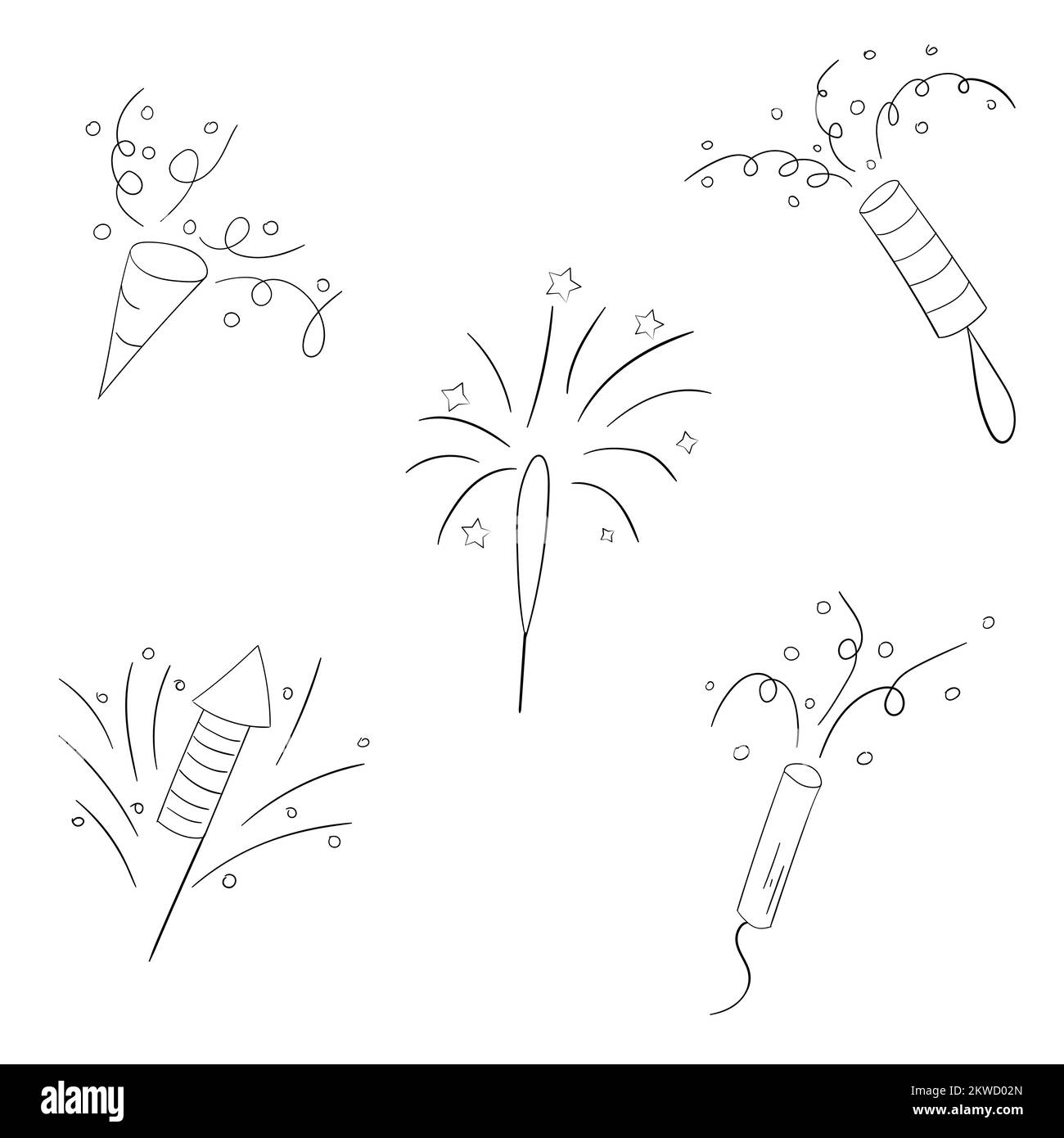 A set of fireworks with a thin line. vector illustration of a doodle ...