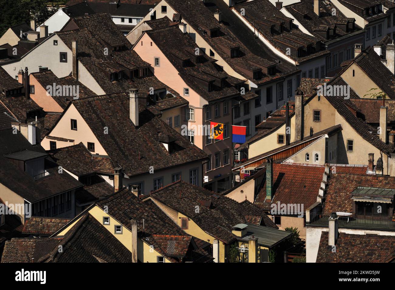 Colourful flags or banners featuring the arms and emblems of the Swiss ...