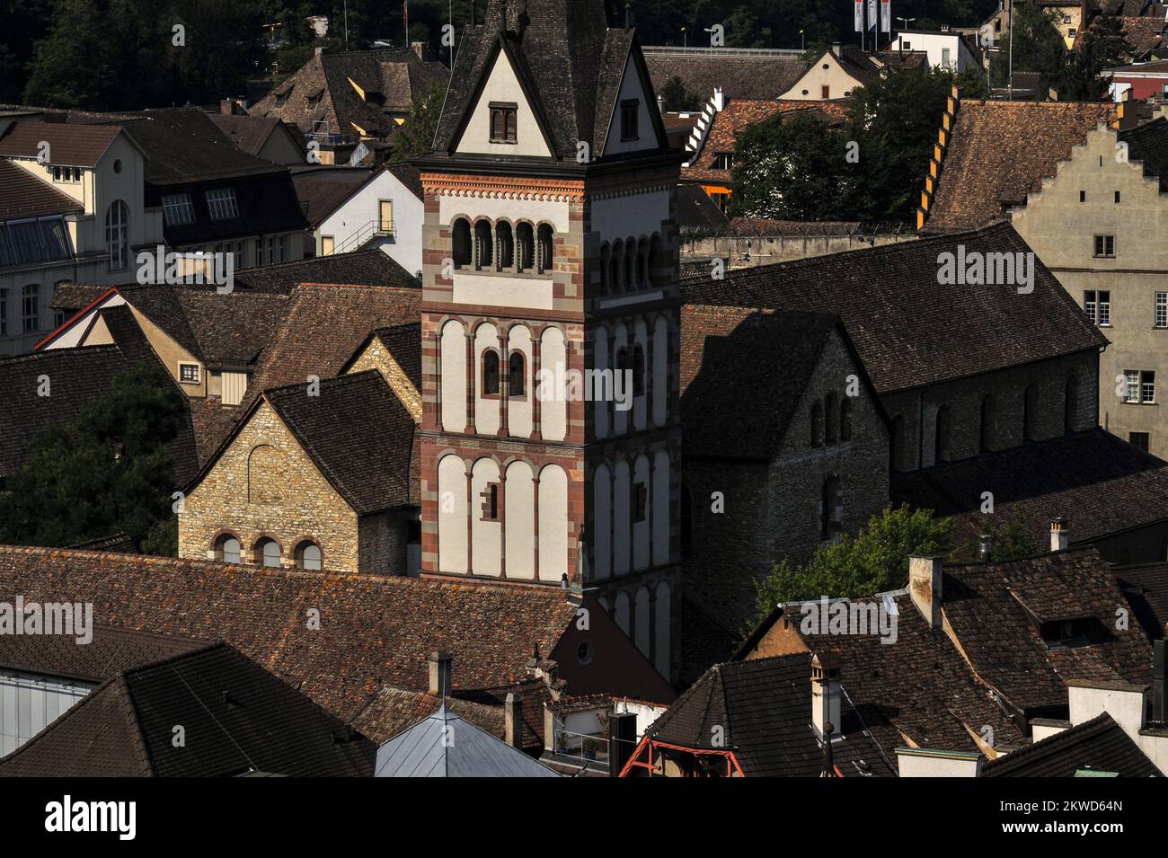 Romanesque tower of the Münsterkirche in the old town at Schaffhausen ...