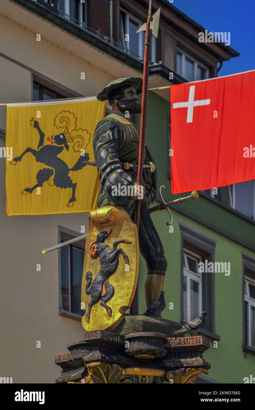 German Landsnecht or Lansquenet mercenary stands by golden shield ...