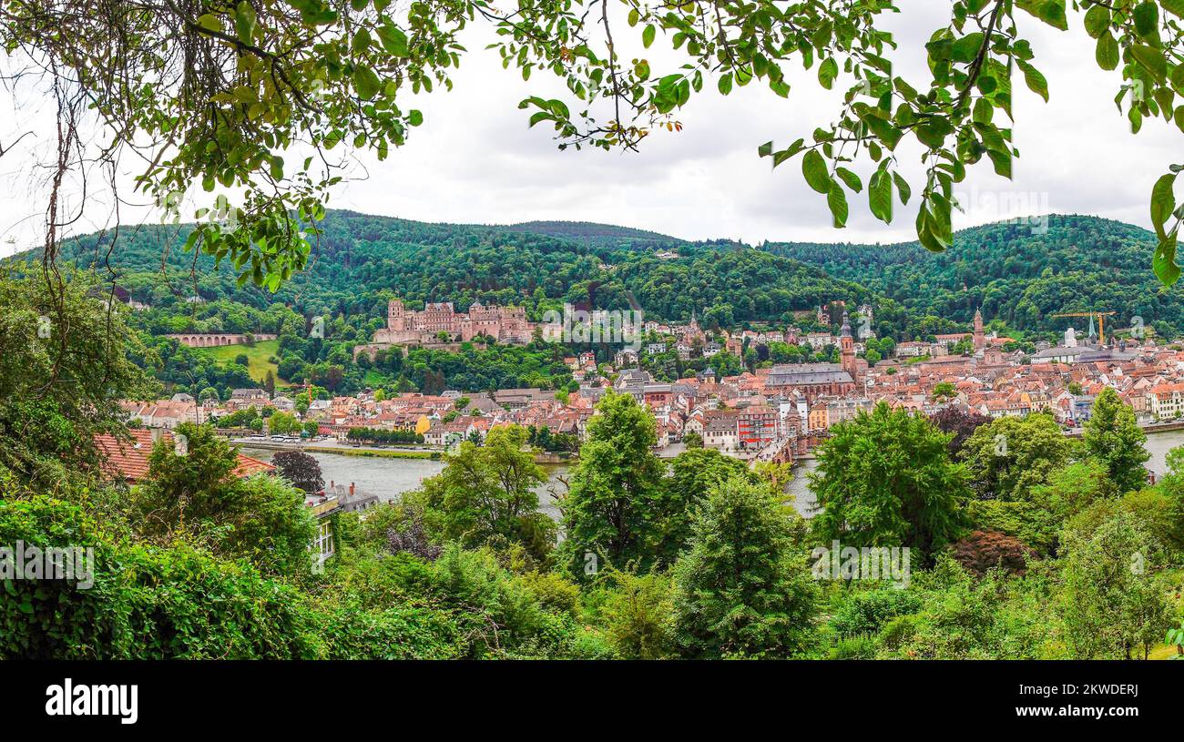 View of Heidelberg with the hilly landscape and the Neckar Stock Photo ...