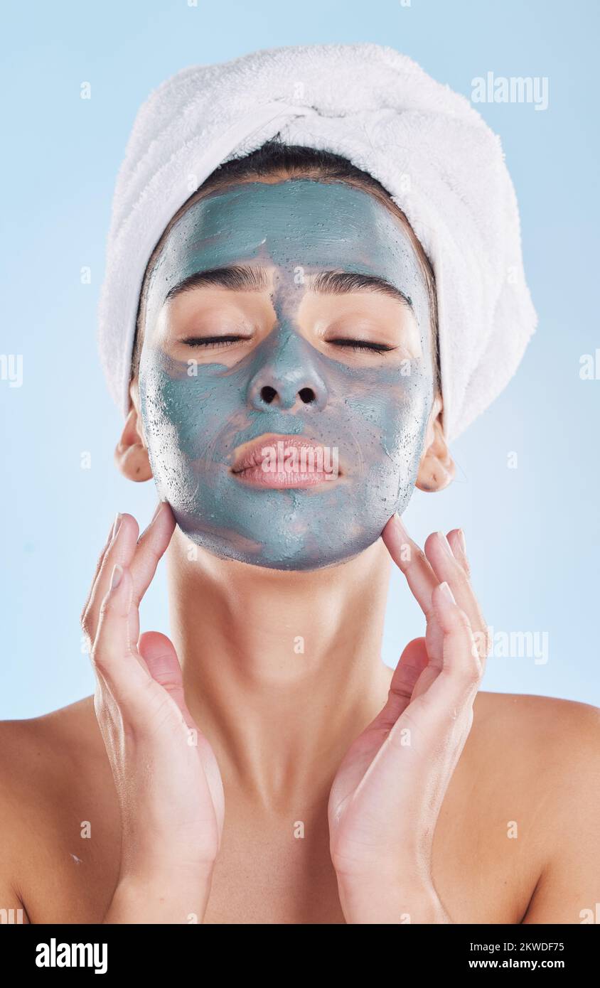 Skin, charcoal face mask and woman with morning self care routine ...