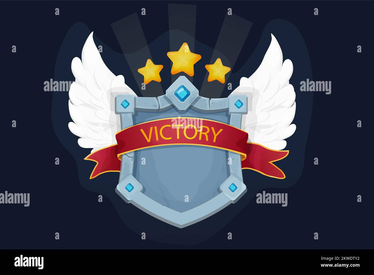 Stone shield, frame with gemstones, award ribbon, wings, golden stars ...