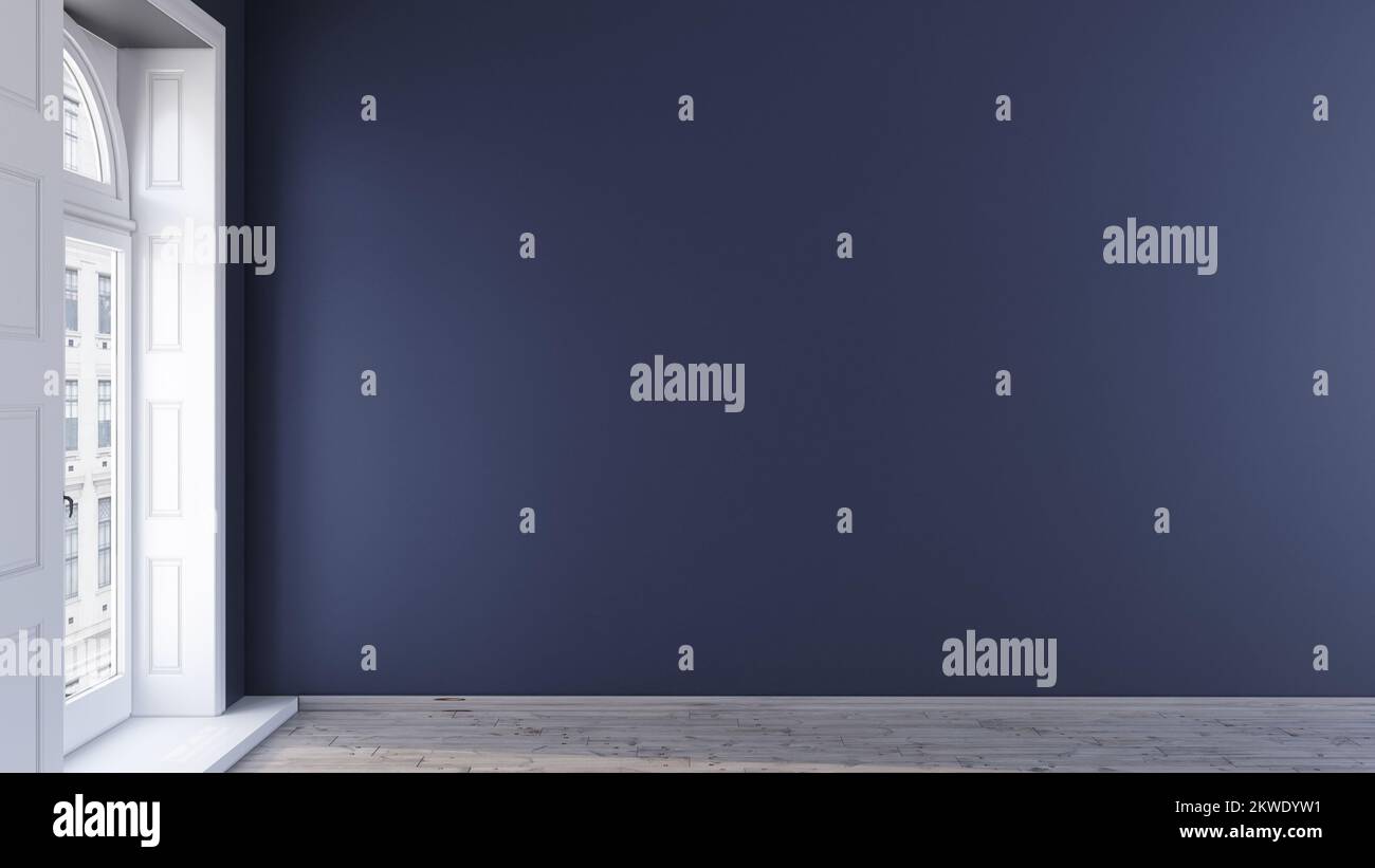 3d navy blue wall mockup design in an empty room with wooden floor and ...