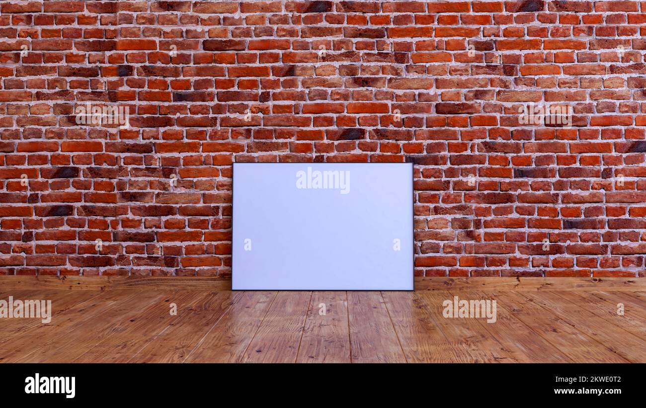 Horizontal frame mockup in front of a red brick wall with wooden floor ...
