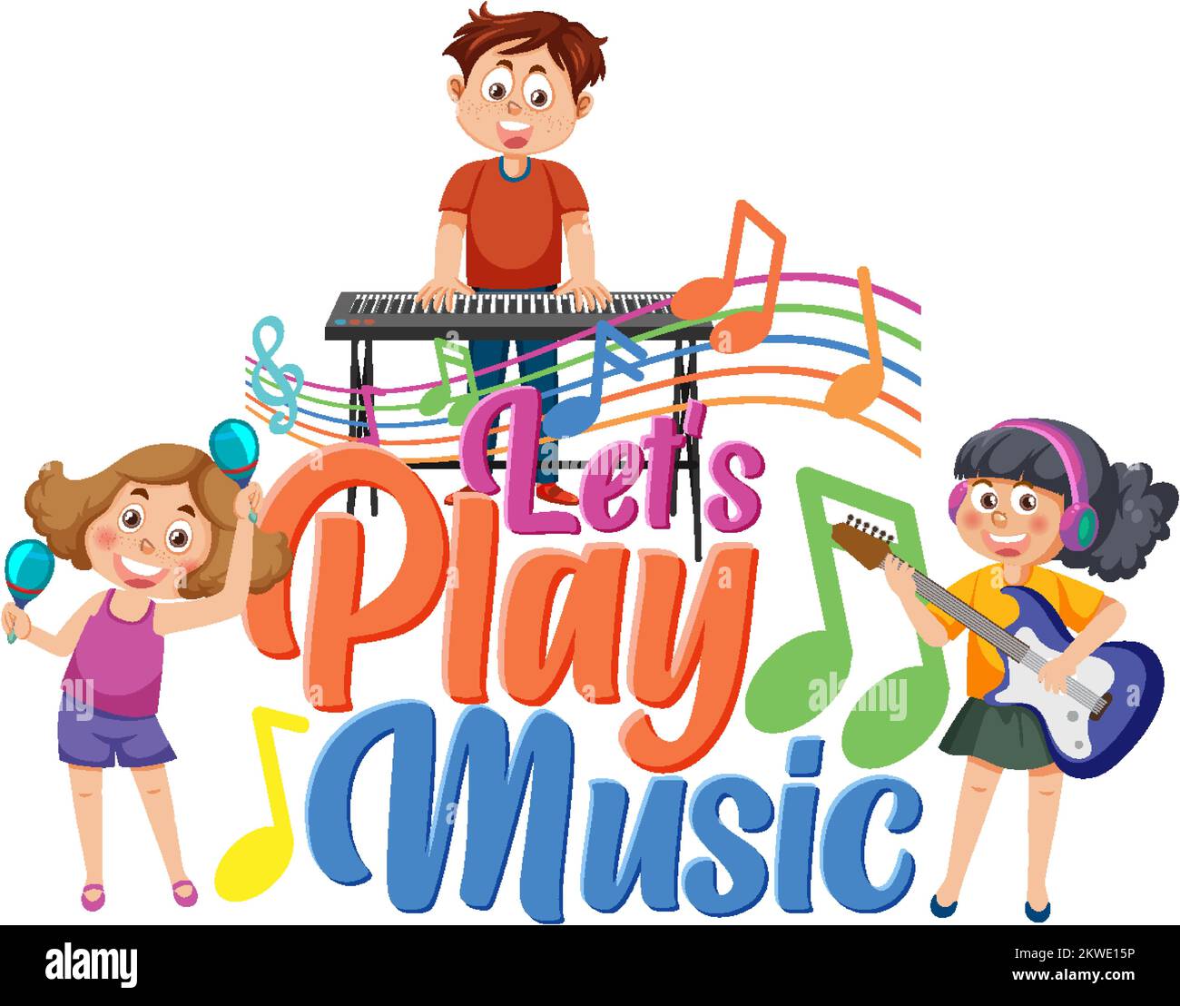 Lets play music text with children playing musical instrument ...