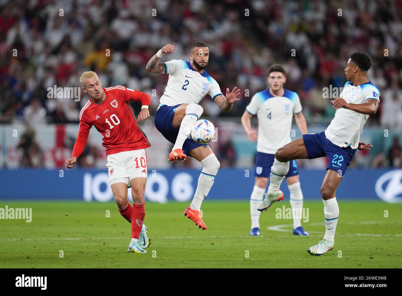 Al Rayyan, Qatar. 29th Nov, 2022. (L to R) Aaron Ramsey (WAL), Kyle ...