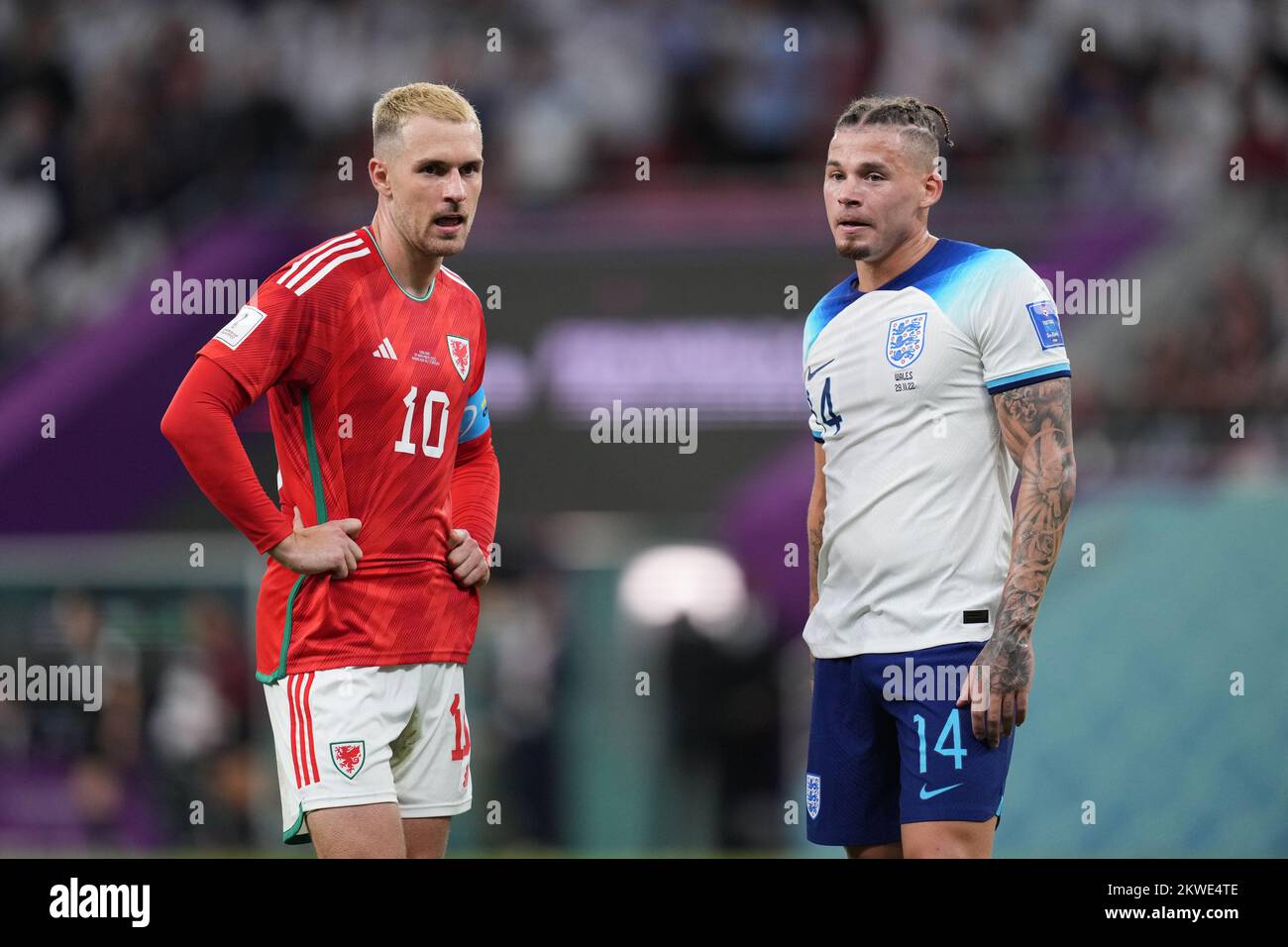 Al Rayyan, Qatar. 29th Nov, 2022. (L to R) Aaron Ramsey (WAL), Kalvin ...