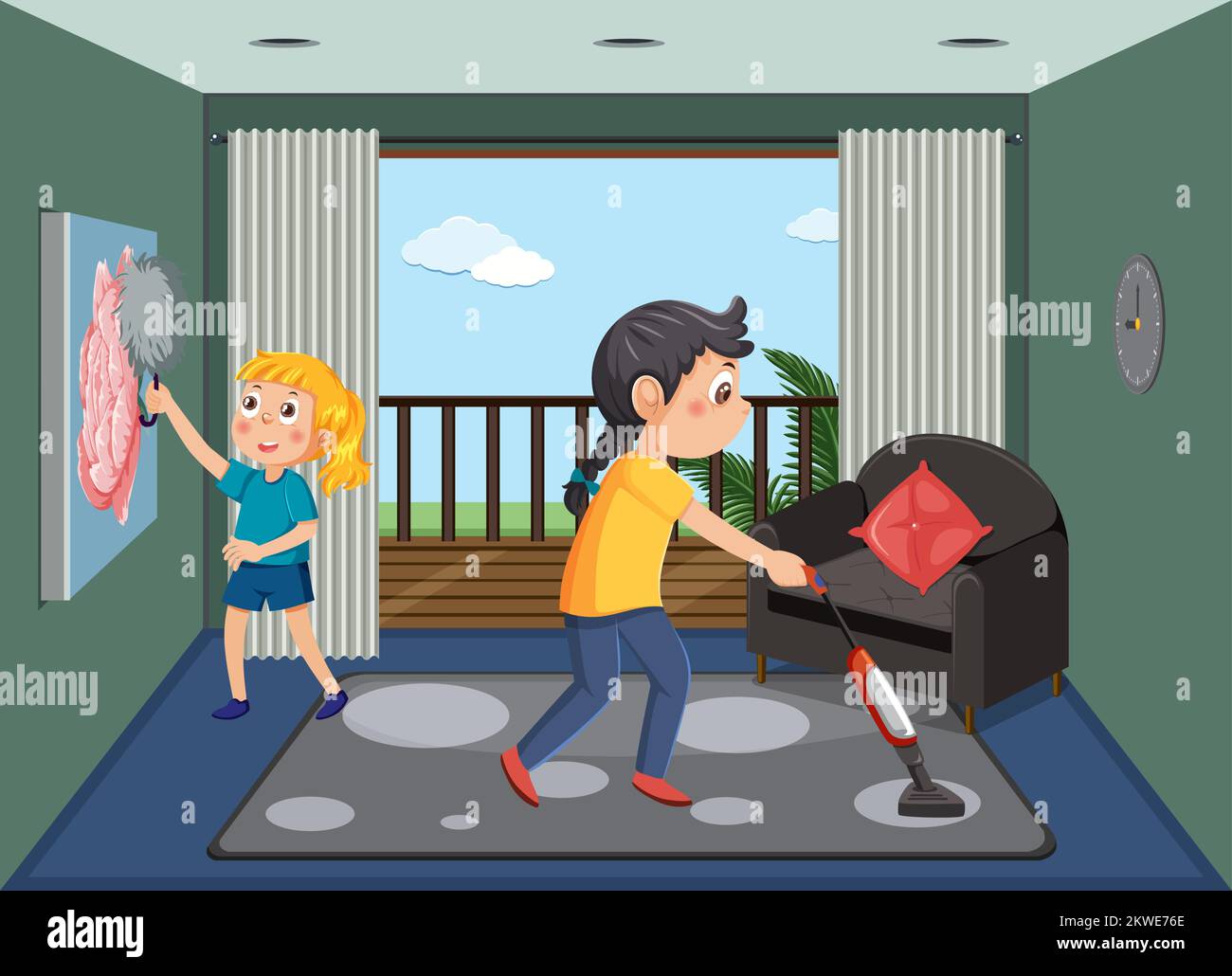 Two kids cleaning living room illustration Stock Vector Image & Art - Alamy