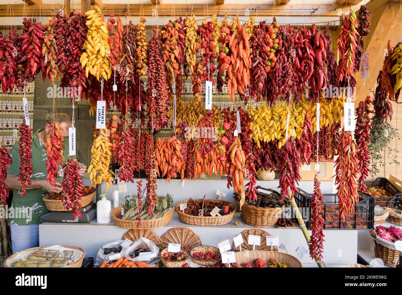 wide range of colorful chili peppers on sale at covered market, shot in ...