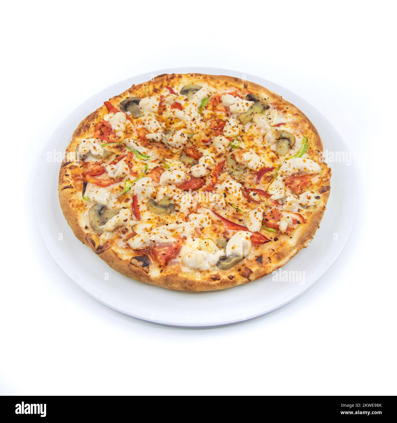 Chicken pizza with vegetables from top view isolated on white ...