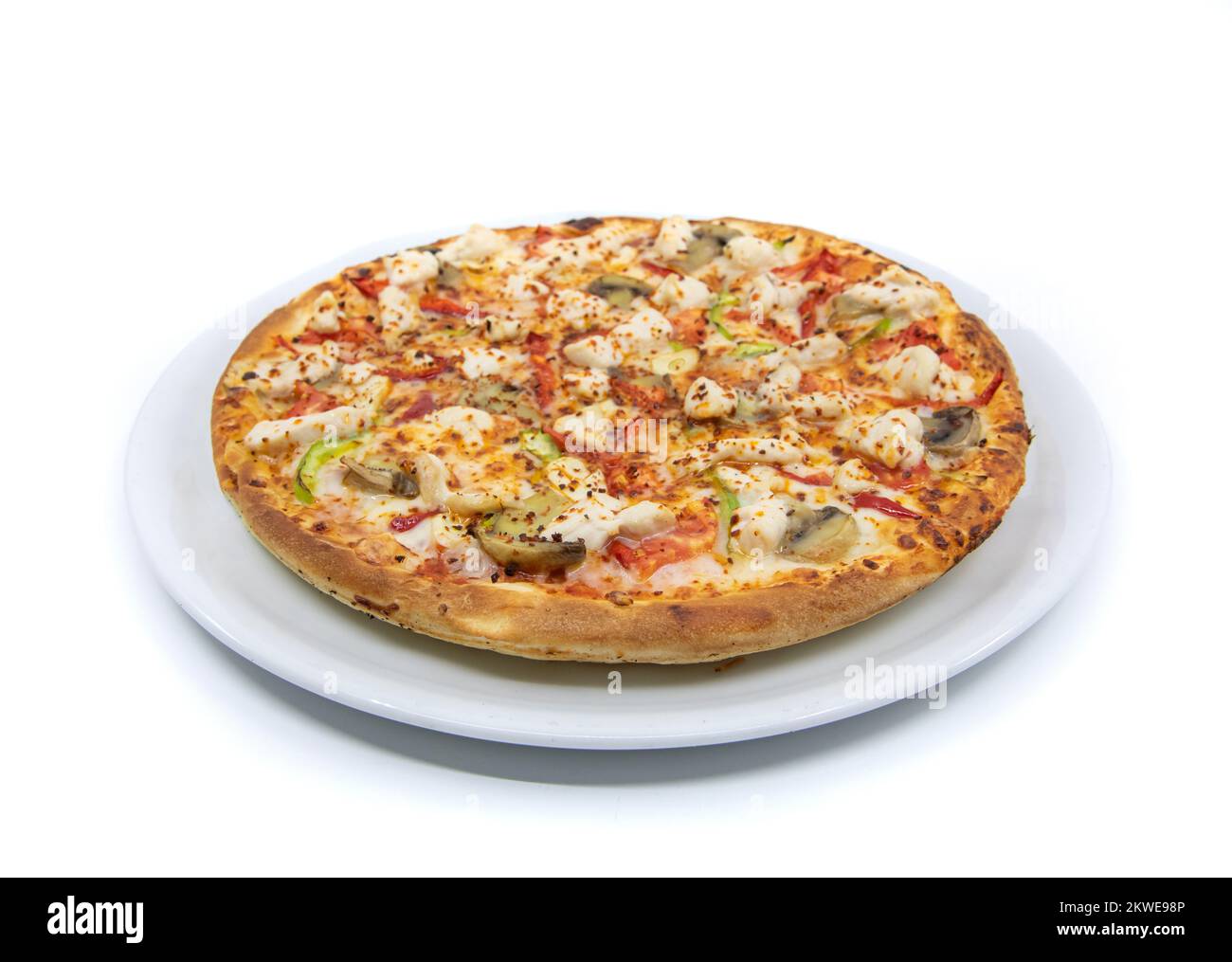 Chicken pizza with vegetables from top view isolated on white ...