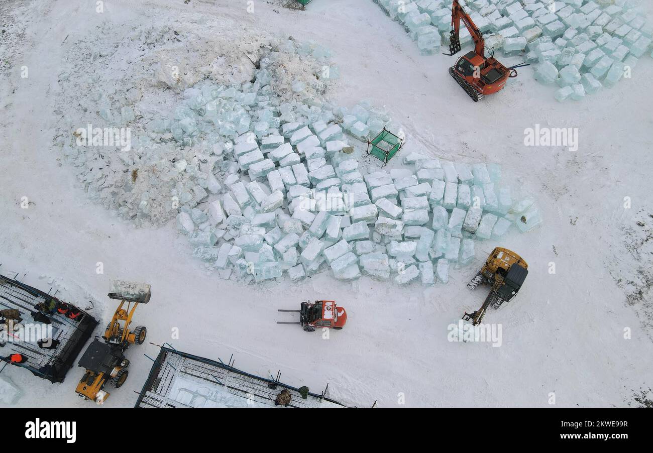 Aerial photo shows the ice construction of the 24th Harbin Ice-Snow ...