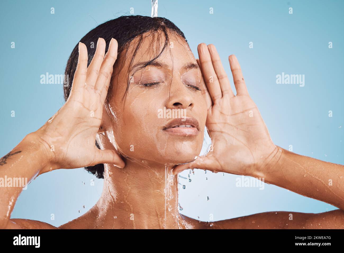 Beauty, face and black woman in shower with water for skincare and ...