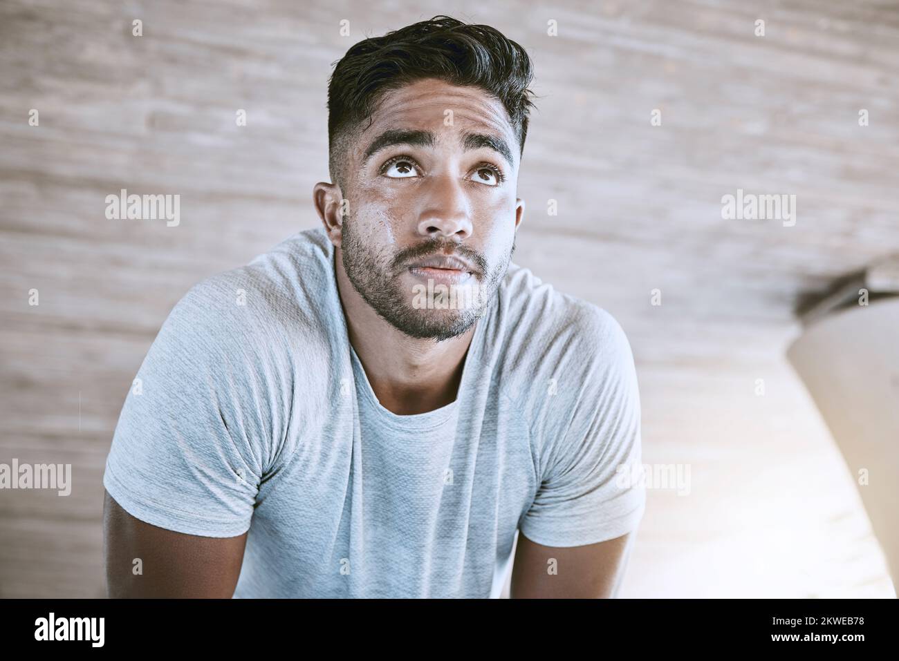 Fitness and tired runner with motivation, vision or healthy wellness ...