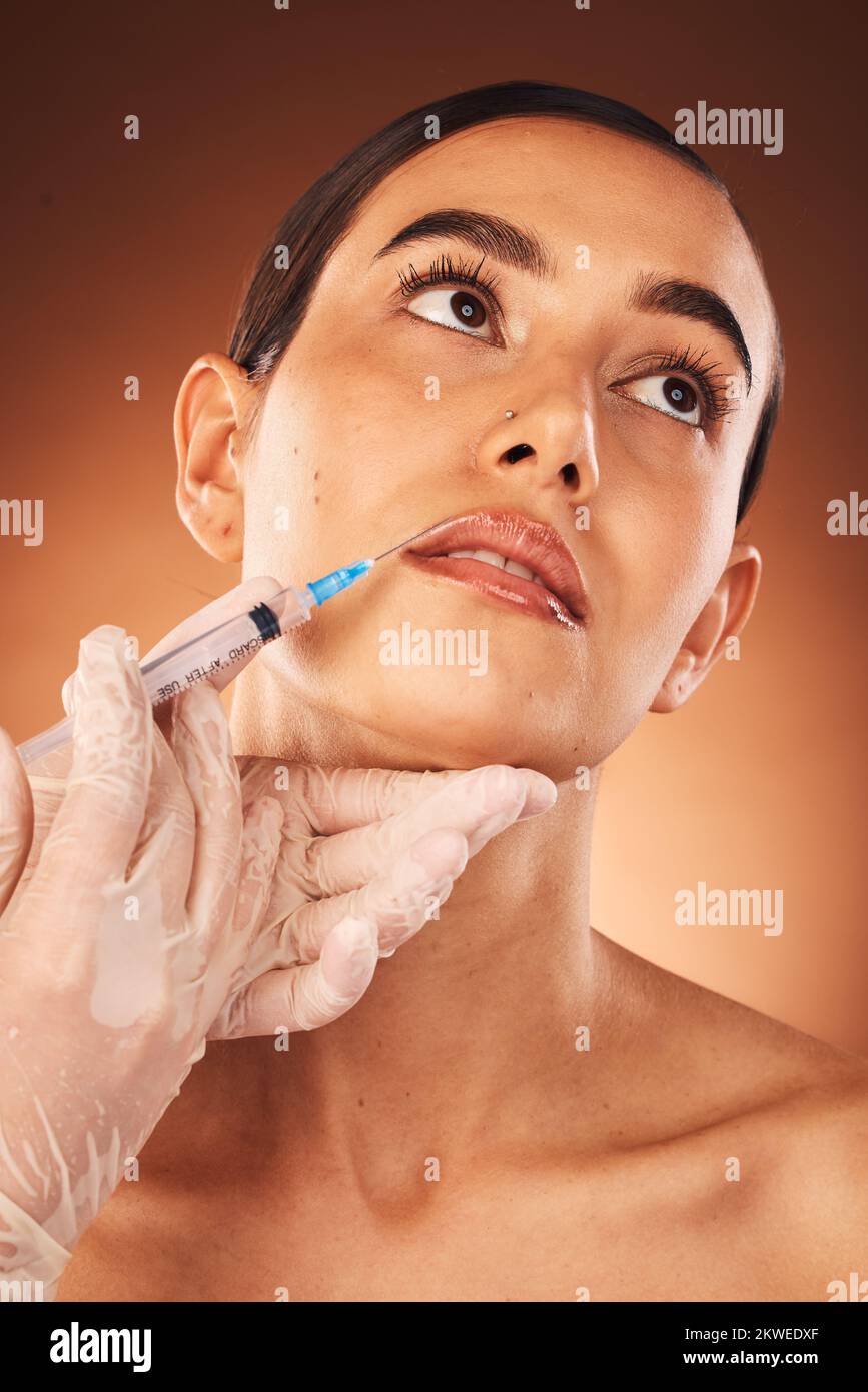 Beauty, face and botox from doctor doing collagen lips injection for cosmetic change. Plastic ...