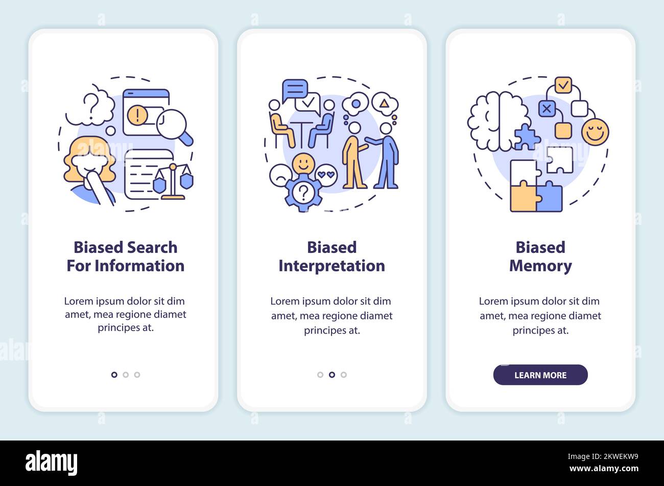 Types of confirmation bias onboarding mobile app screen Stock Vector ...