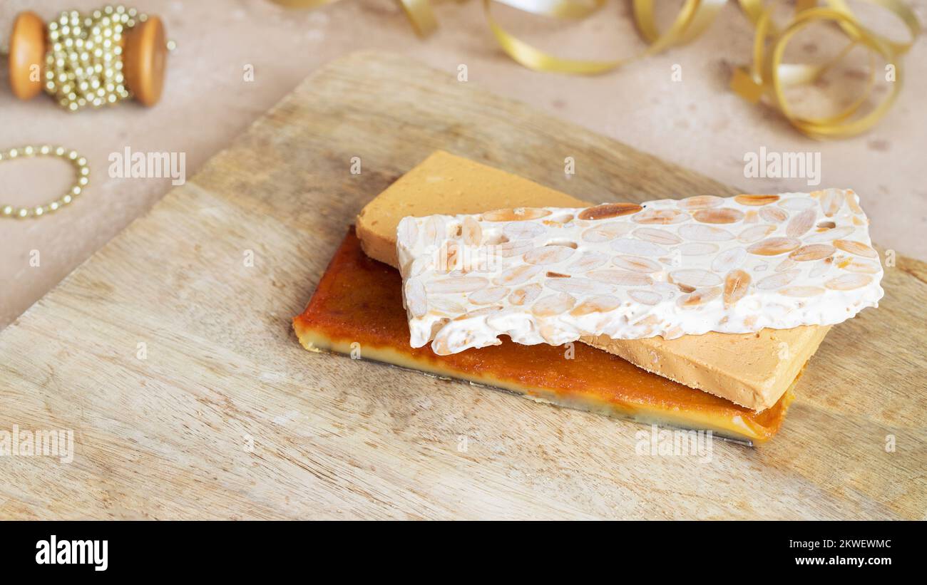 Three type of Spanish turron, hard almond, soft almond and burnt egg ...