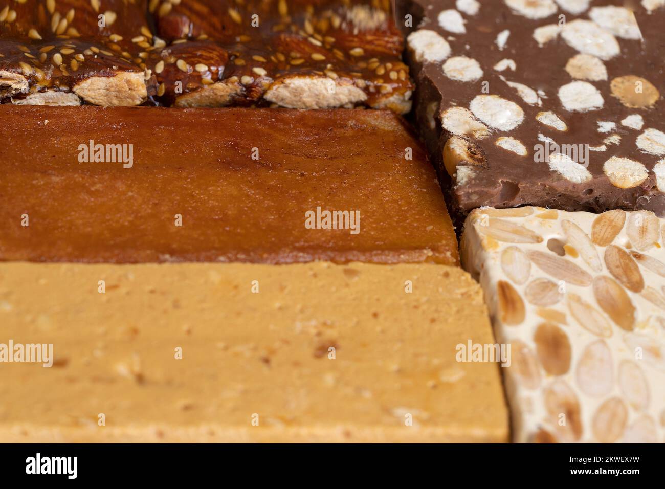 Different turron or almond nougat texture, hard almond, soft almond ...