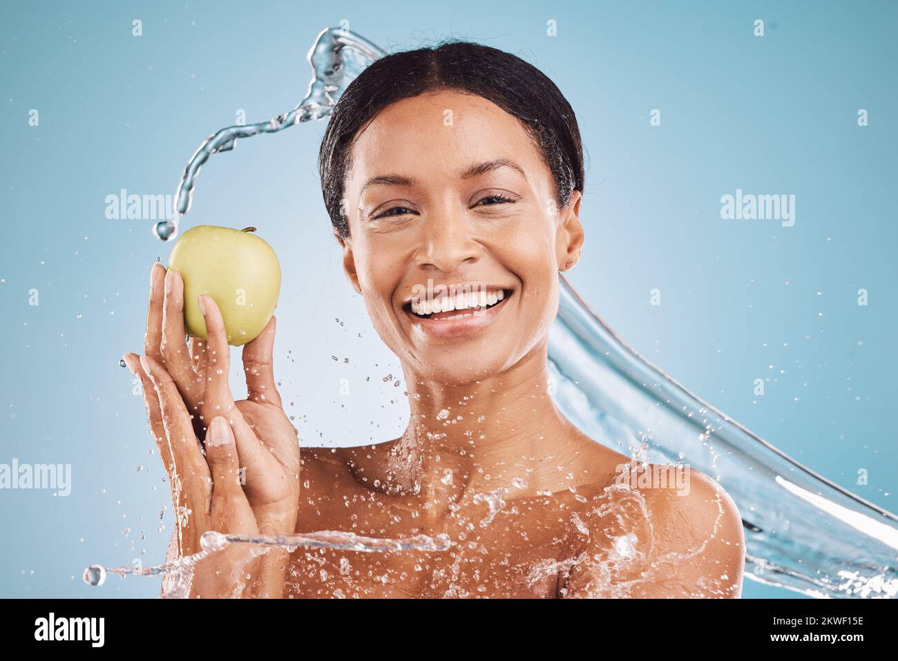 Water Apple And Beauty With Black Woman And Splash From Shower For