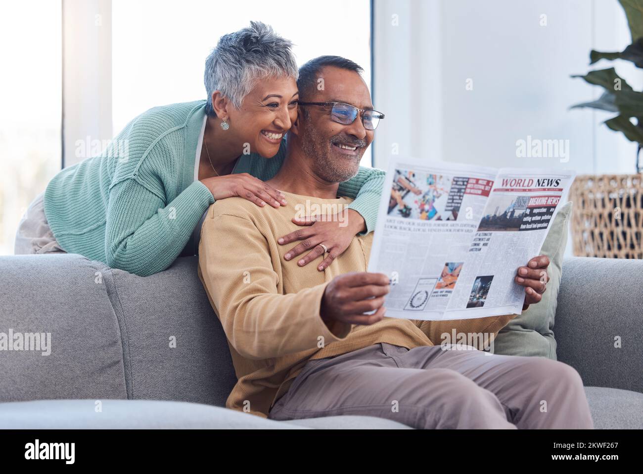 Love, senior couple and reading newspaper, story or news article in ...