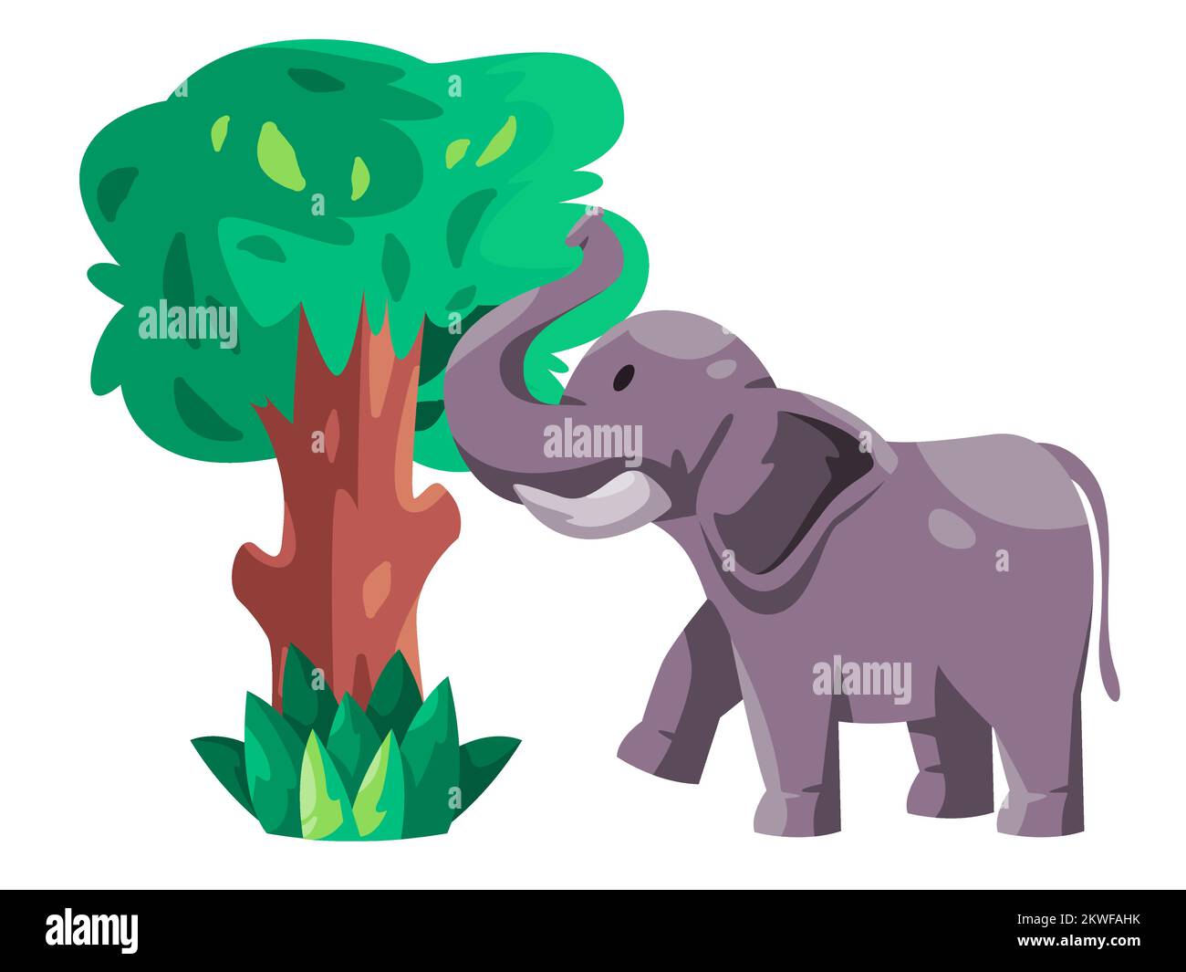 Elephant eat leaf from tree cartoon illustration of animal with tusk ...