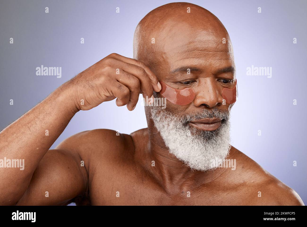 Skincare, eye patches and senior man doing wellness, health and natural ...