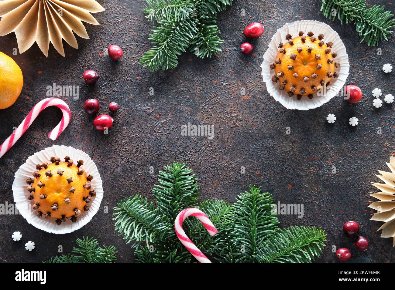 Wintertime dark background with fragrant pomander balls. Classical ...