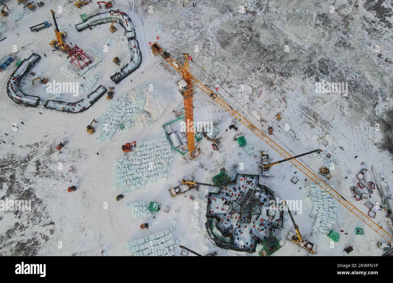 Aerial photo shows the ice construction of the 24th Harbin Ice-Snow ...