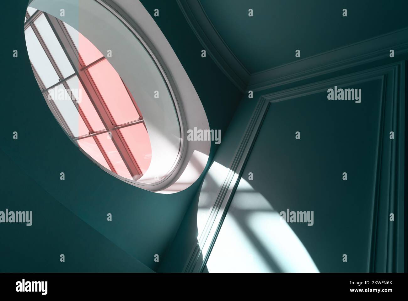 Abstract interior background with a round window in a green room Stock ...