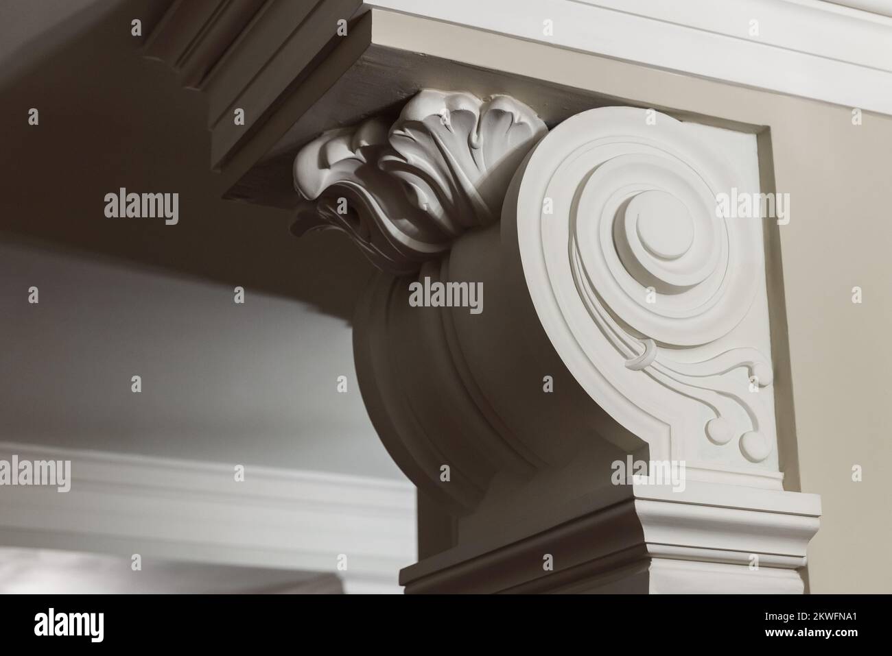 Classic interior design, white decorative portico detail, close-up ...