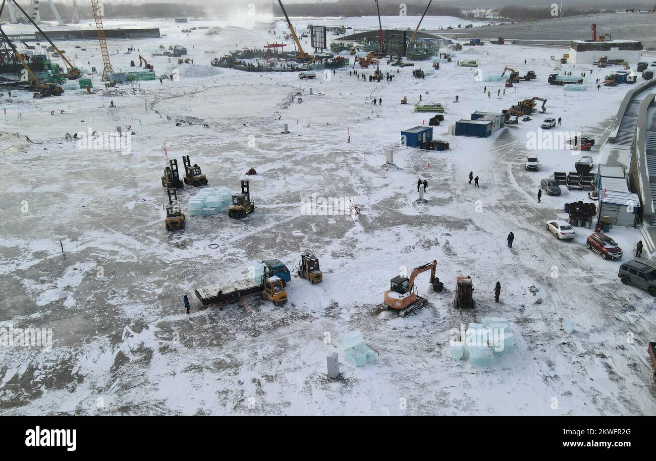 Aerial photo shows the ice construction of the 24th Harbin Ice-Snow ...