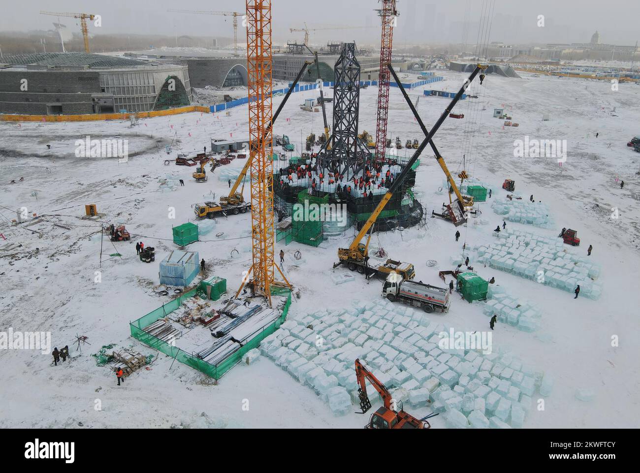 Aerial photo shows the ice construction of the 24th Harbin Ice-Snow ...