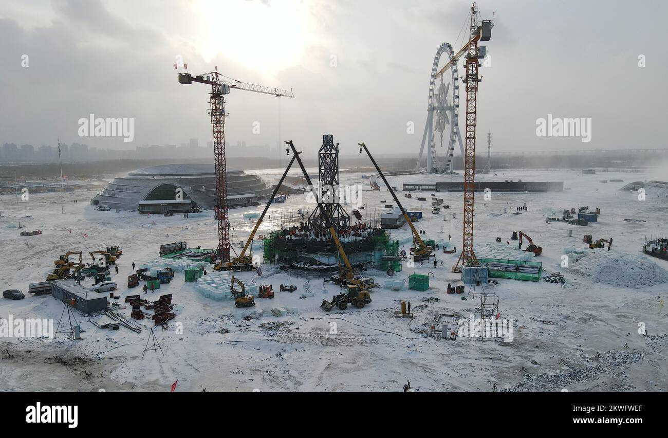 Aerial photo shows the ice construction of the 24th Harbin Ice-Snow ...