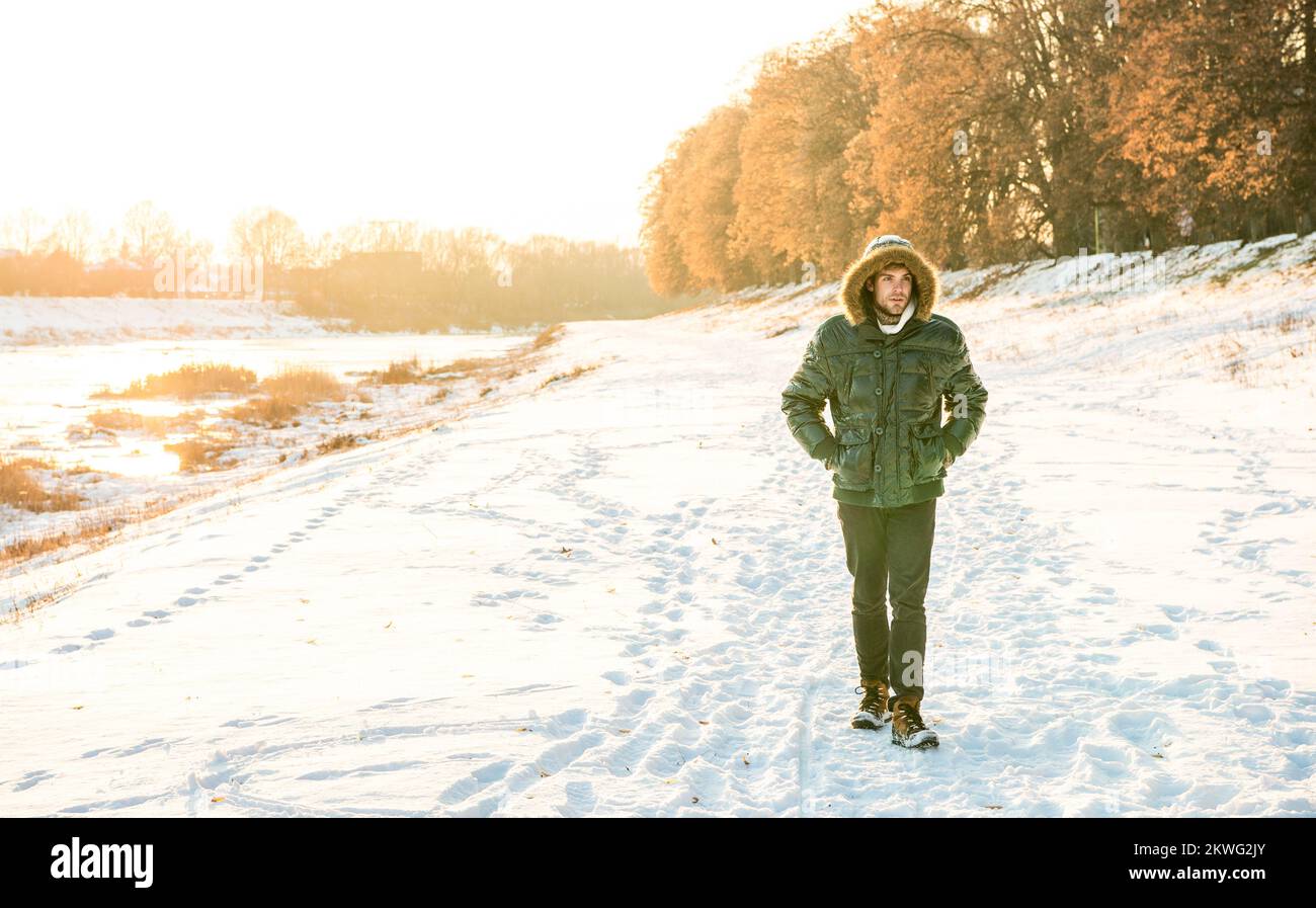 man in winter jacket at holidays. man wear winter jacket. man in winter ...
