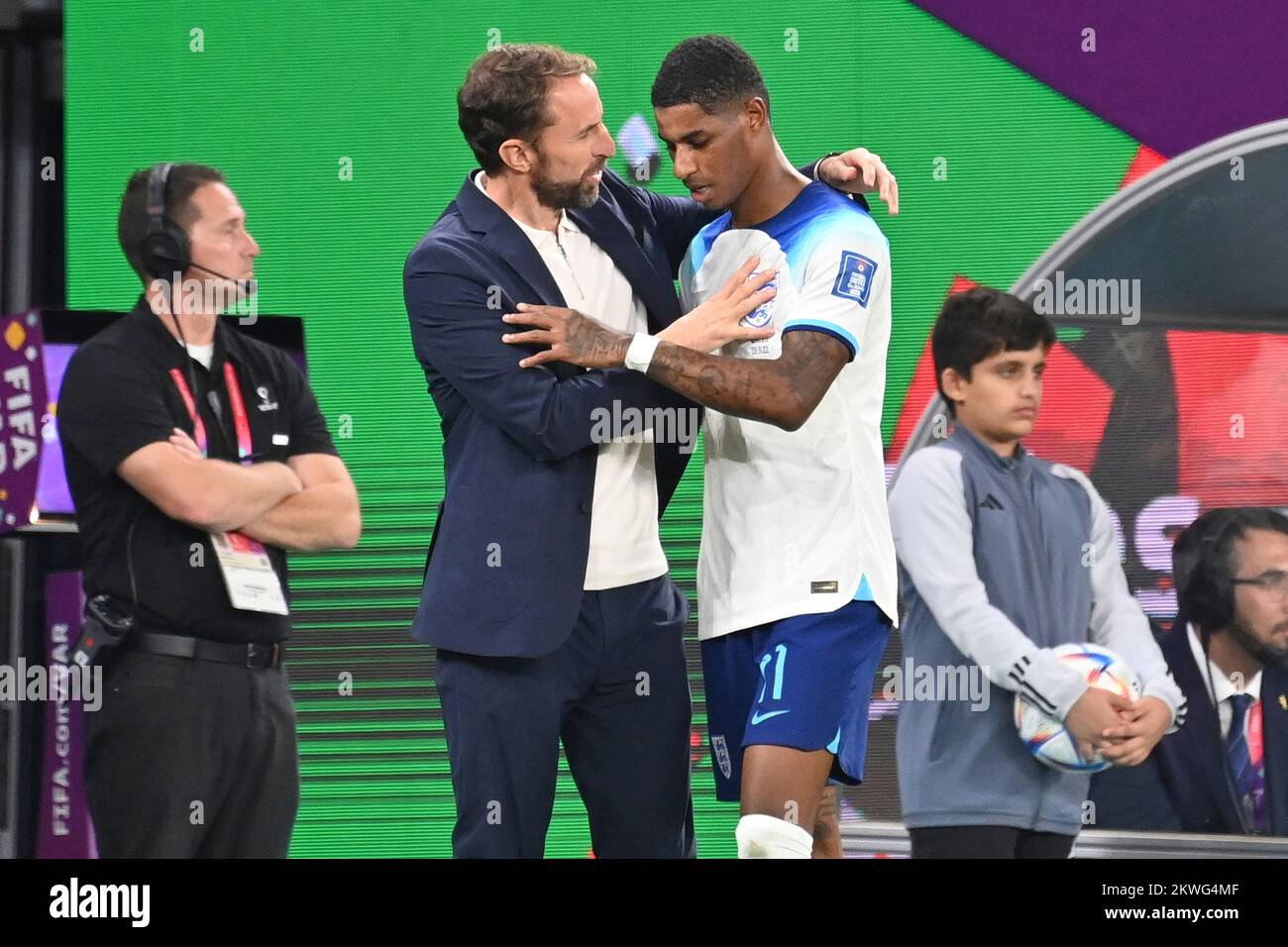 Gareth SOUTHGATE (coach ENG) with Marcus RASHFORD (ENG) on substitution ...