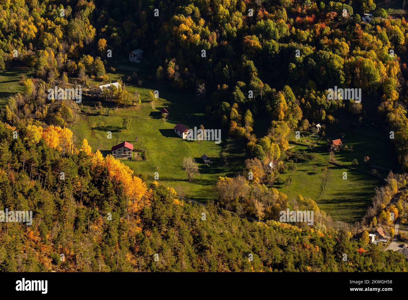 Colorful autumn landscape in the mountain village. French Alps in the ...