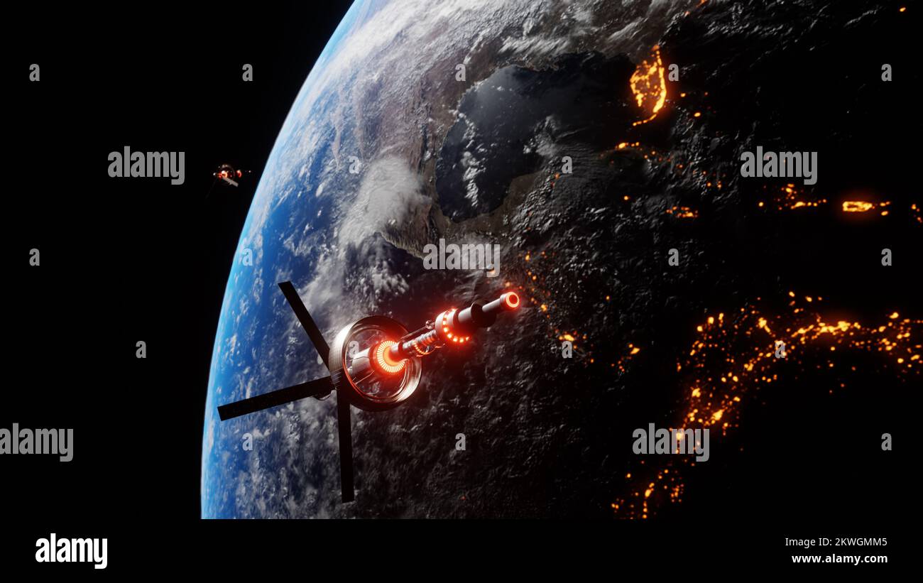 Science space ship floating above the earth among stars during the ...