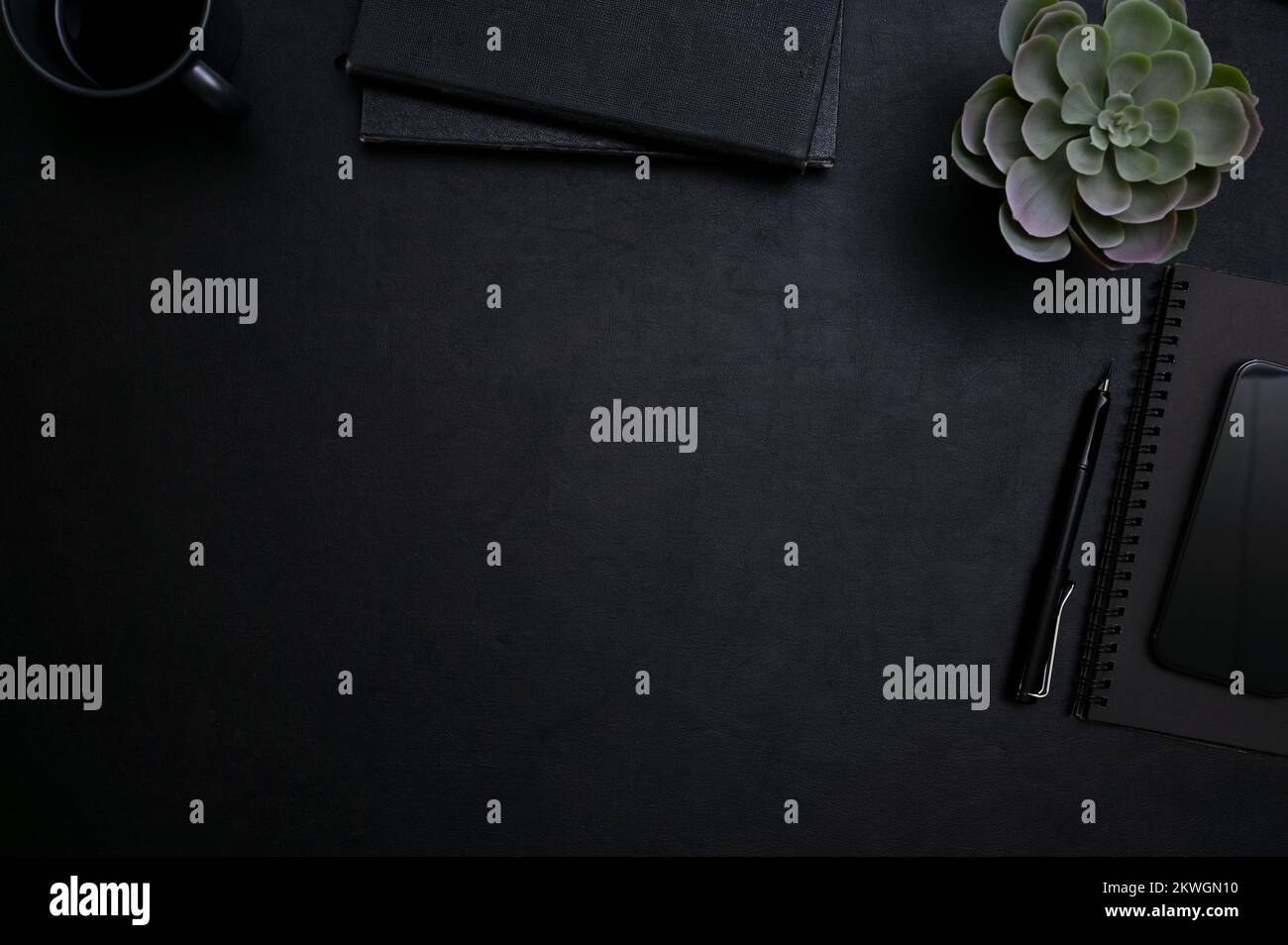 Top view, flat lay, Black workspace with copy space for display your ...