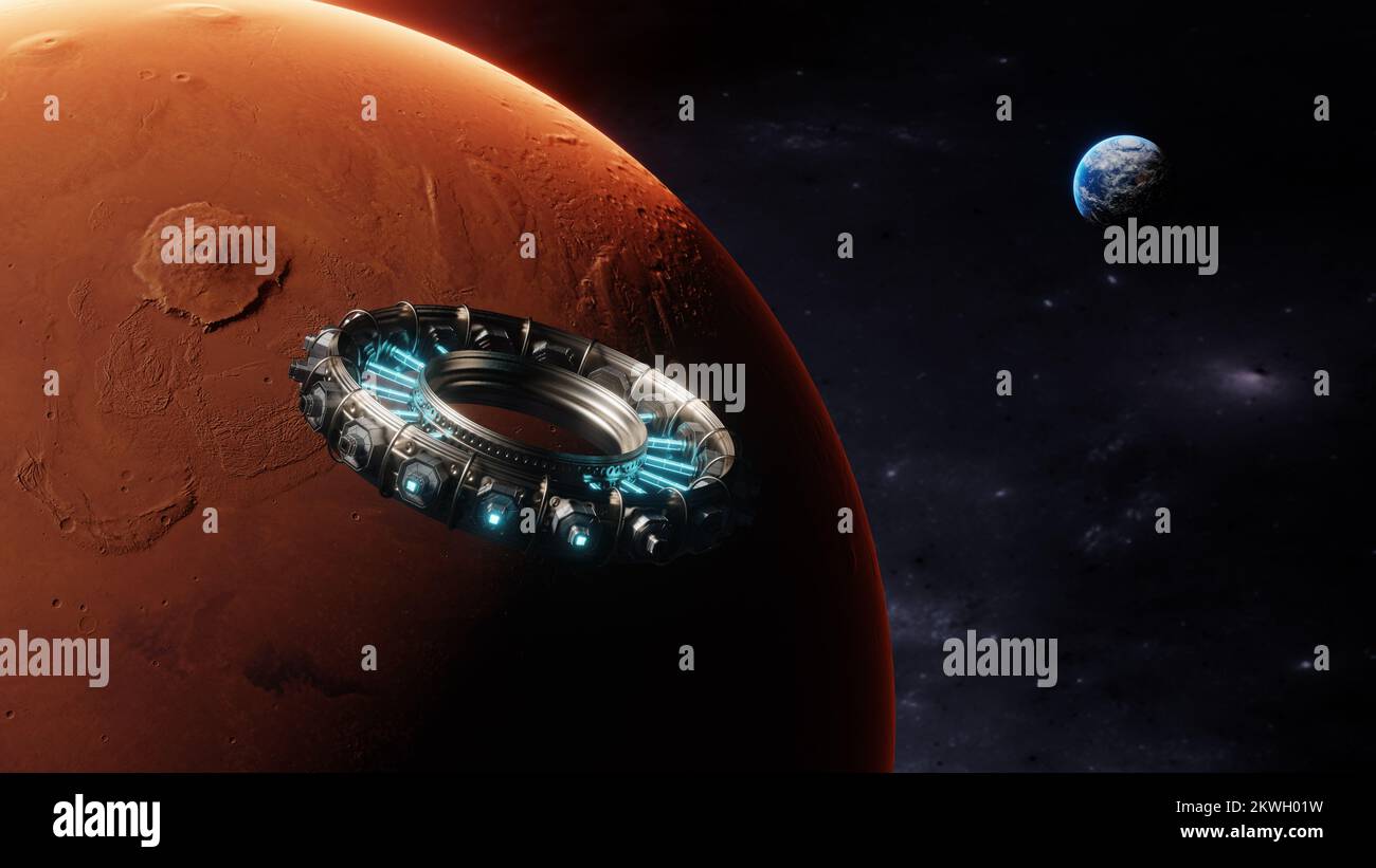 View of earth and a ship approaching Mars. Detailed and realistic 3d ...