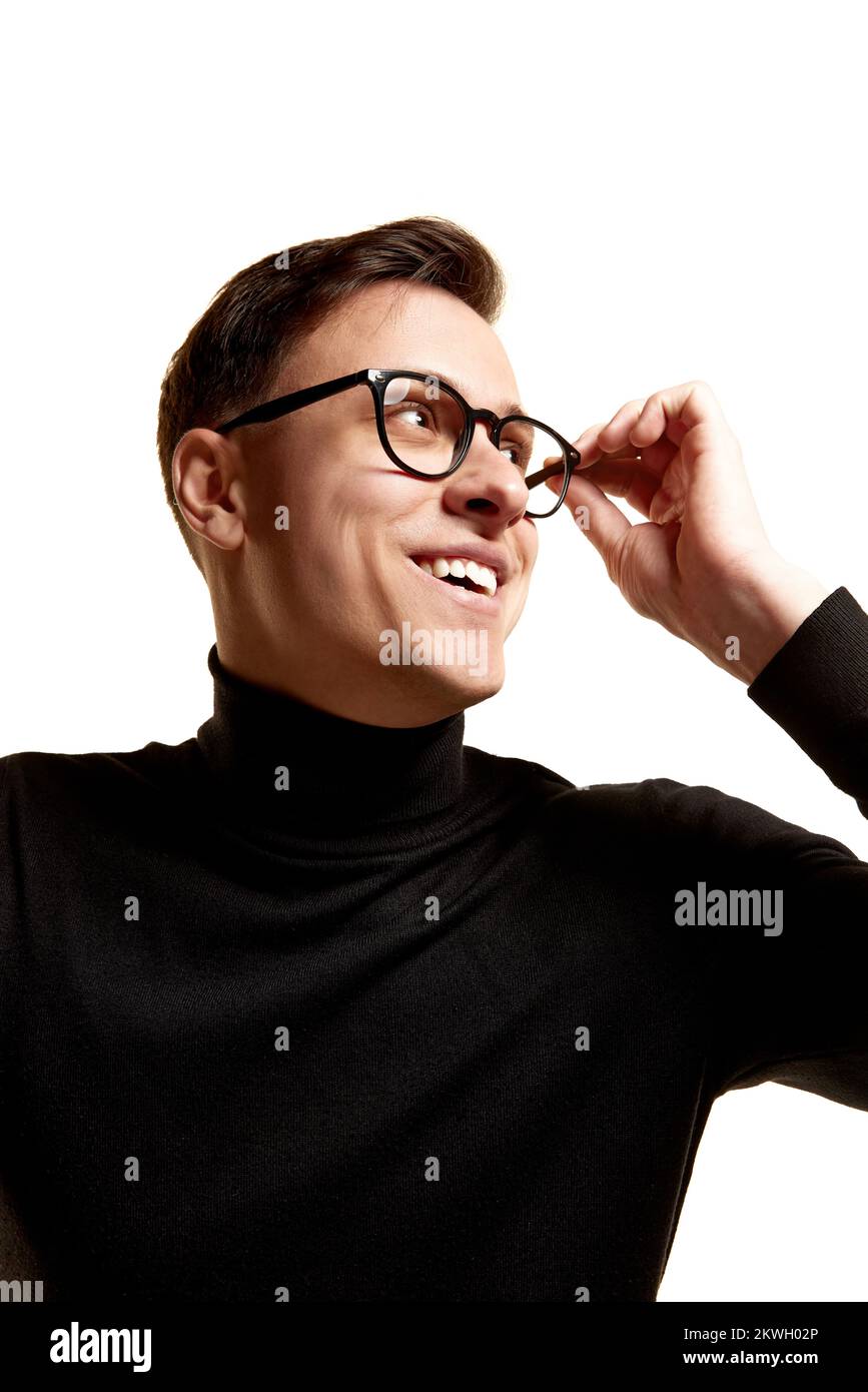 Happy man. Portrait of stylish handsome businessman in total black ...