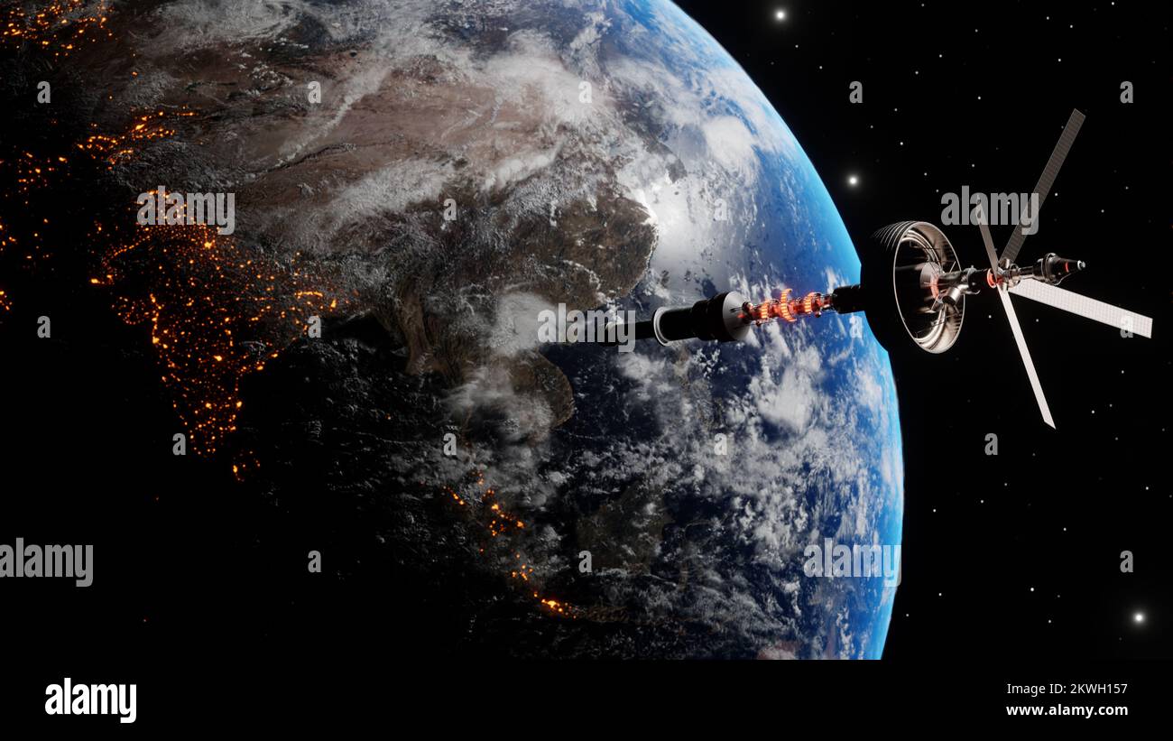 International space station floating in orbit above planet earth in outer space. Orbiting ...