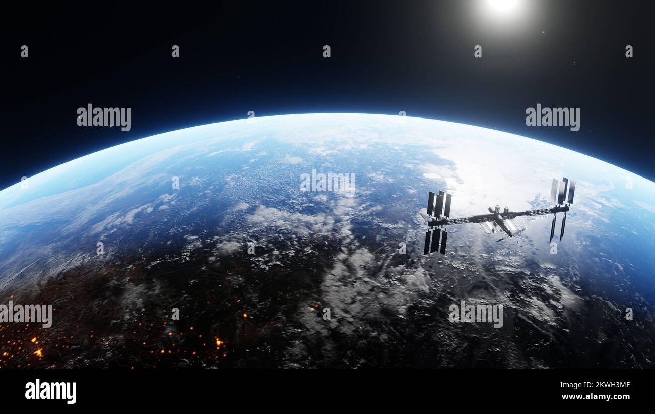 Spacecraft deploying solar panels using modern space technology during ...