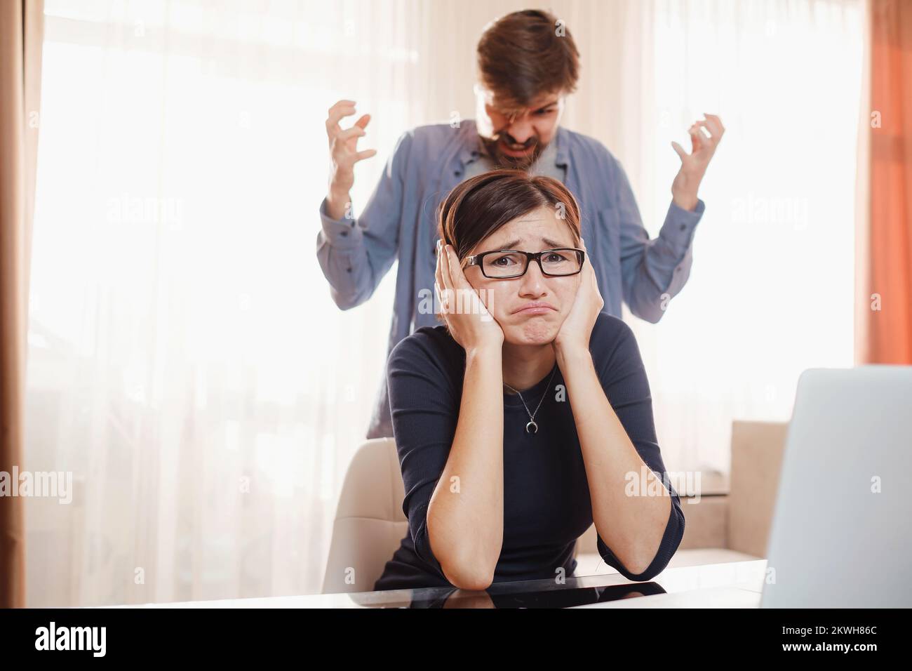Portrait of attractive mad furious coworkers having fight crisis ...