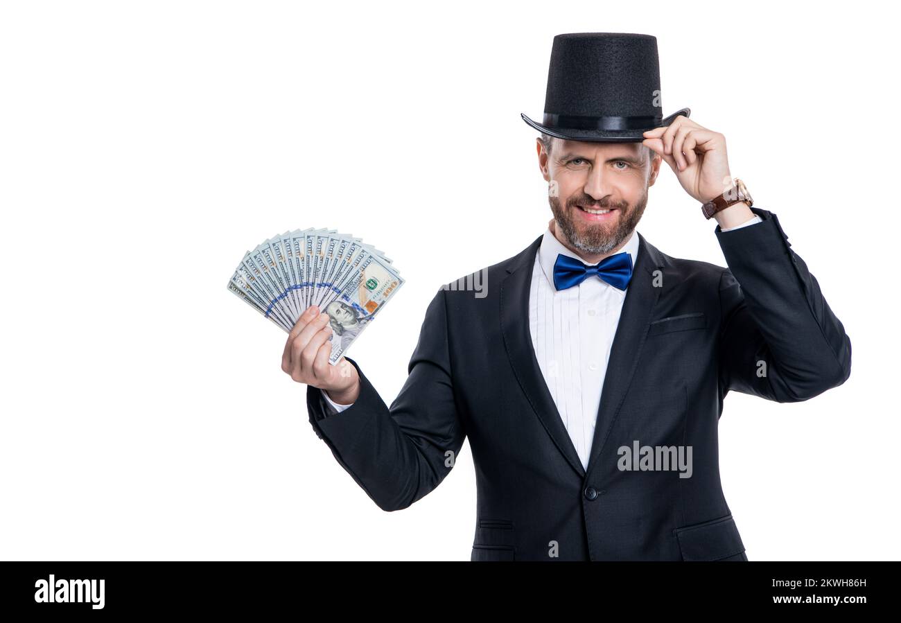 rich man in tuxedo with gambling money isolated on white. rich gambling ...